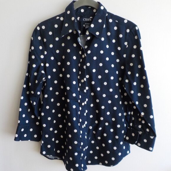 Chaps | Tops | Chaps Blouse Polka Dot Blue White 0 Cotton Long Sl Small ...